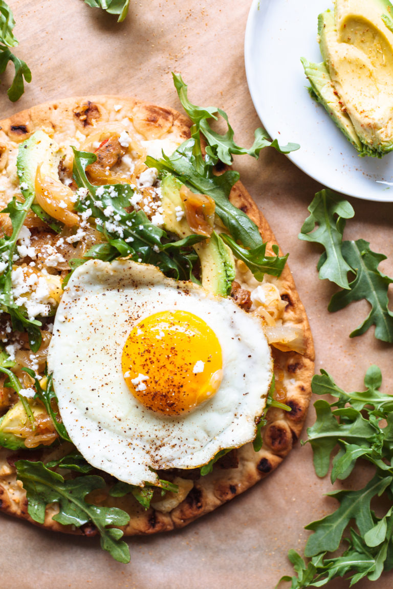 Breakfast Naan Pizza with Caramelized Onions | By Gabriella
