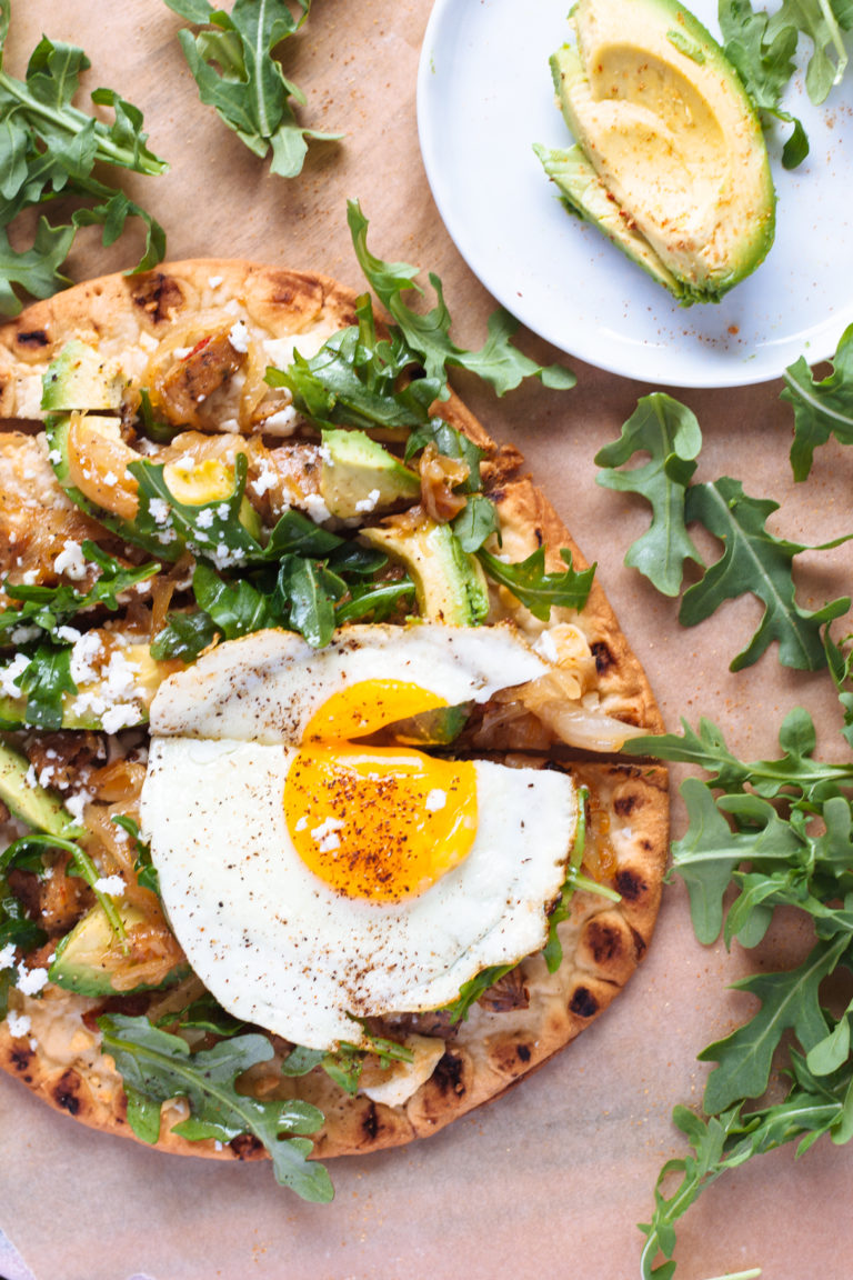 Breakfast Naan Pizza with Caramelized Onions | By Gabriella