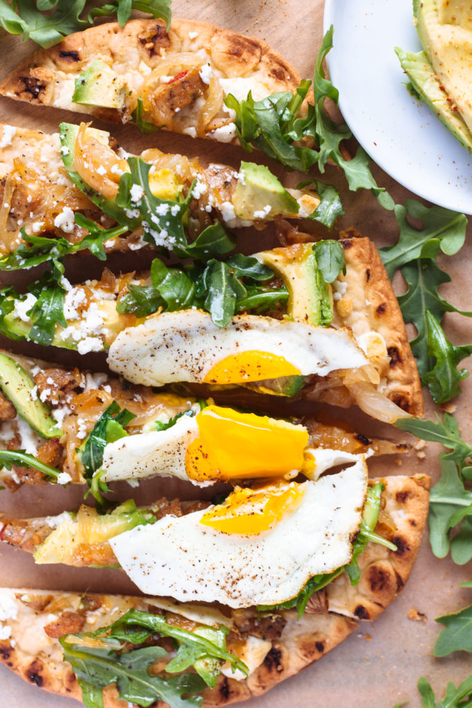 Breakfast Naan Pizza with Caramelized Onions | By Gabriella