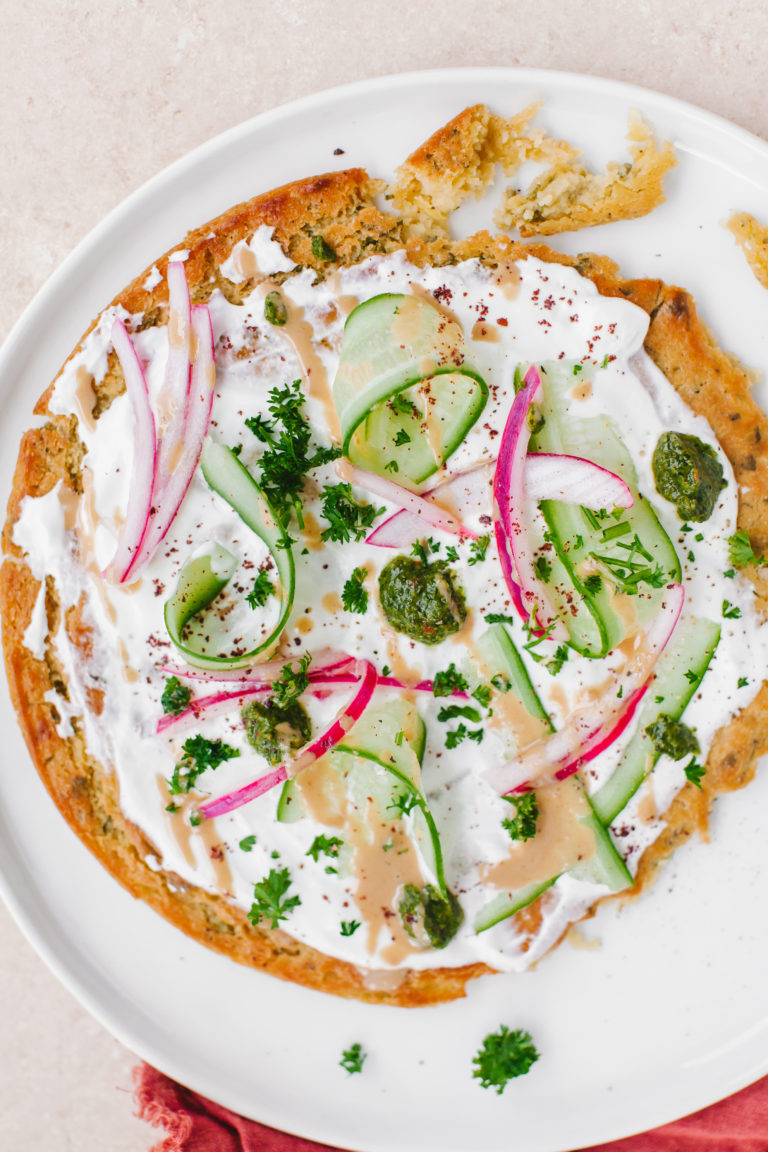 Falafel Flatbread with Greek Yogurt and Cucumbers - By Gabriella